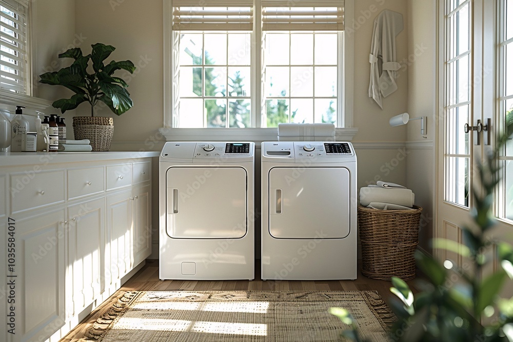 This laundry room showcases two modern white washing machines ...
