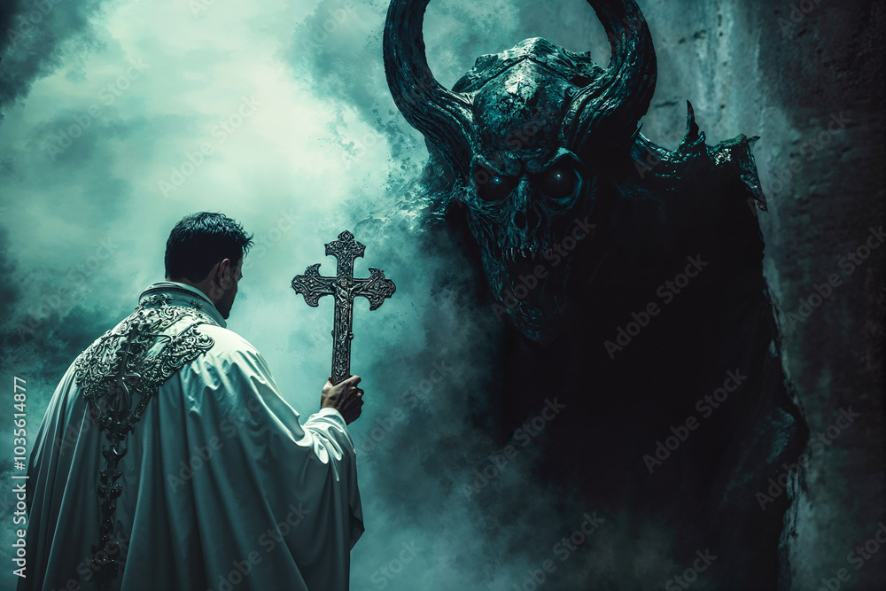 Priest holding a cross confronts a demon from Hell, exorcism Stock ...