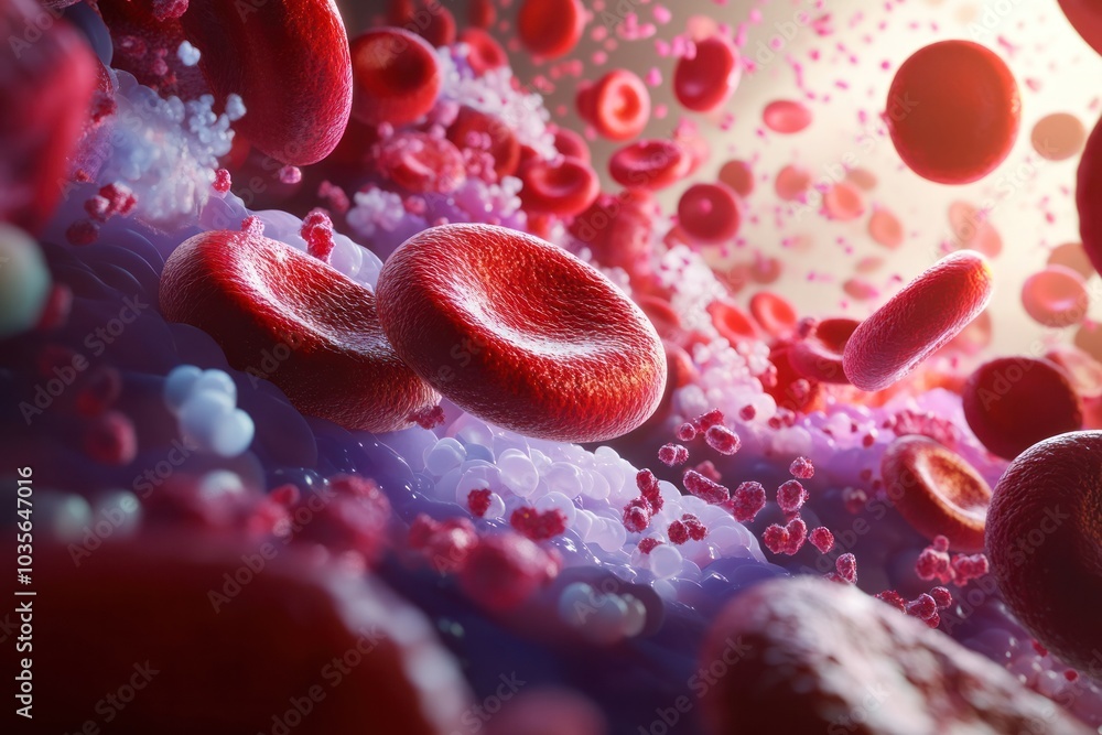Artistic depiction of blood cells under magnification, showcasing a ...