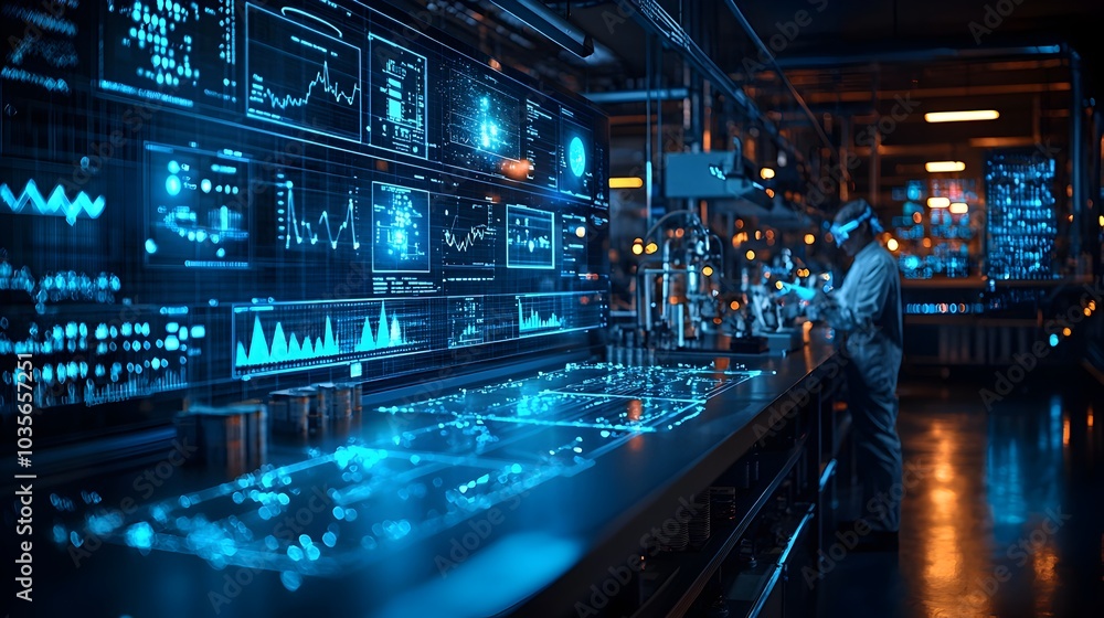 Cutting edge laboratory with scientists analyzing holographic data projections in a clean ...