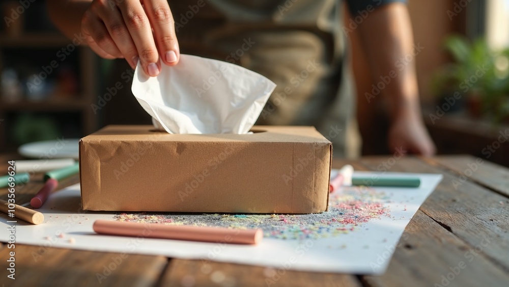 Person pulling a tissue from a simple cardboard box on a messy creative ...