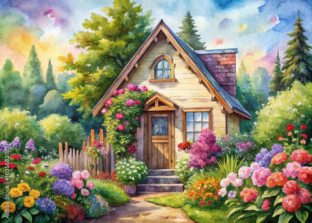 Cute Tiny Summer Cottage Facade in Surreal Watercolor Style for Magical ...