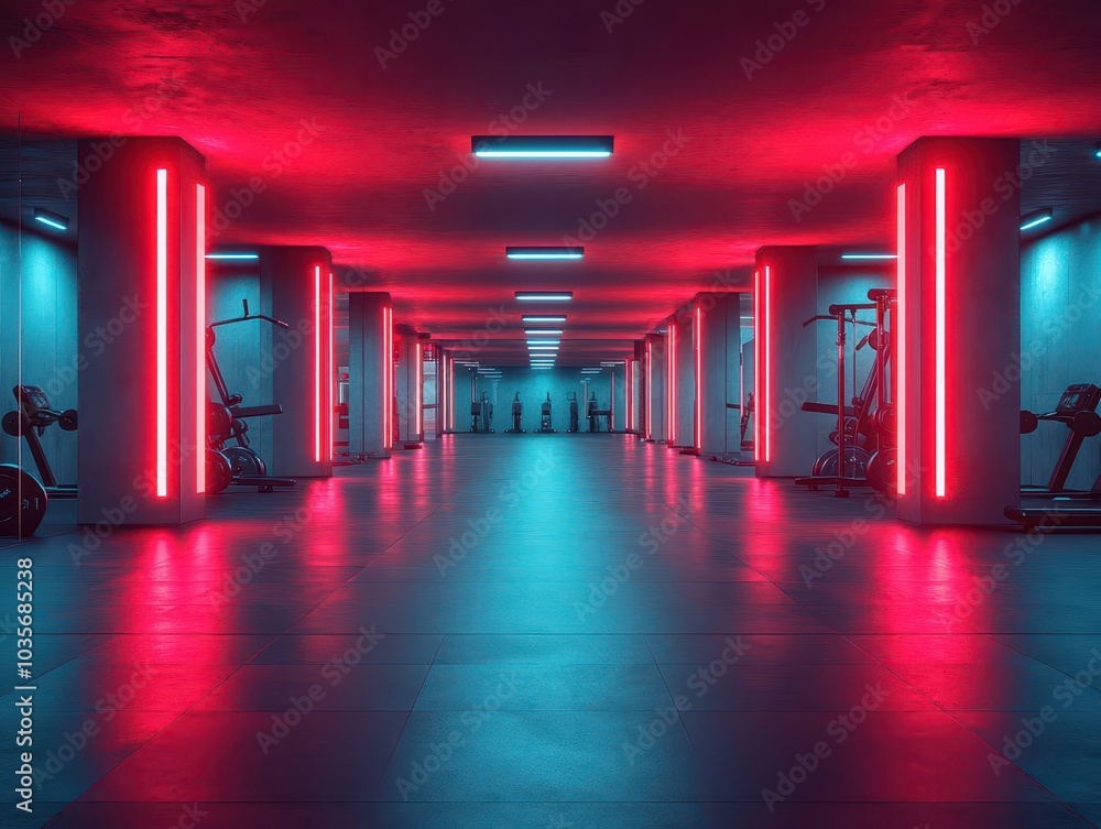 modern gym interior with intense red lighting showcases an empty ...
