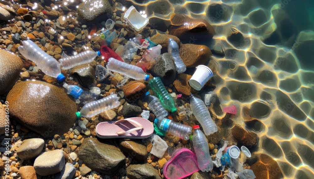Plastic Bottles, Containers, and a Slipper Floating Among Rocks in ...