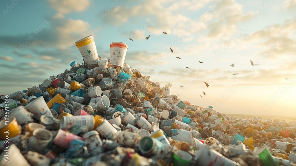 A pile of discarded plastic cups and waste in a landfill site under a ...
