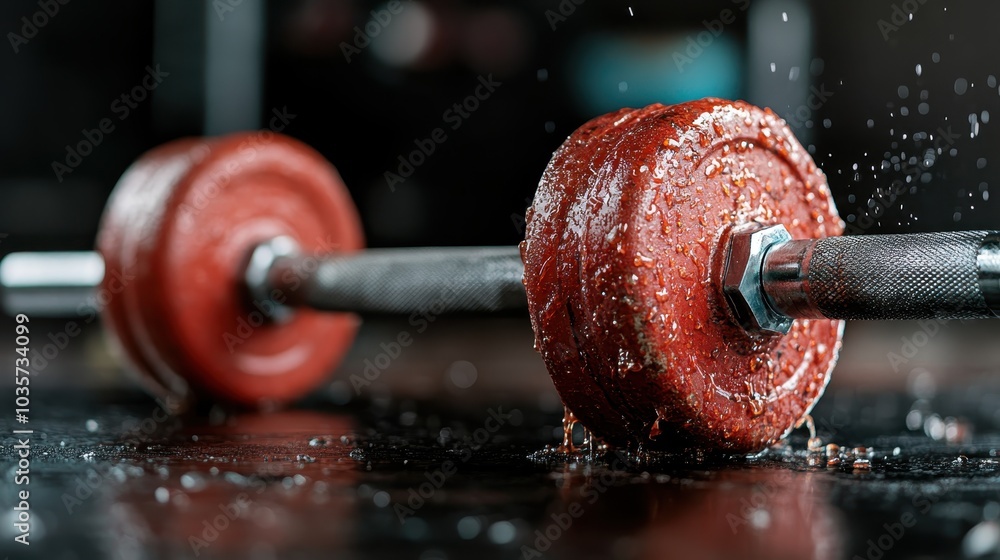 A red barbell covered in water droplets rests on a shiny gym floor ...