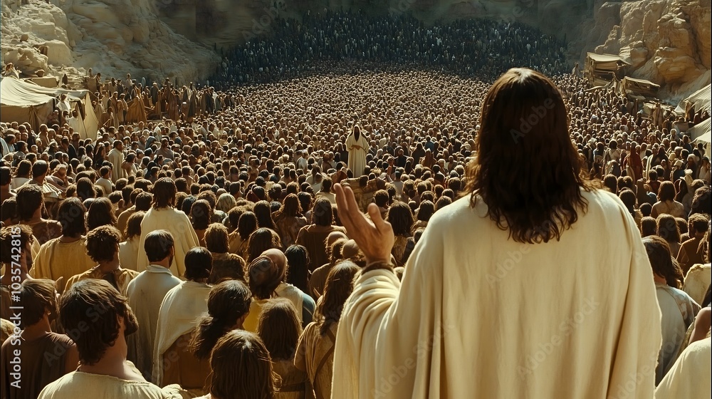 Biblical Scene: Rear View of Jesus Christ Addressing a Crowd of People ...
