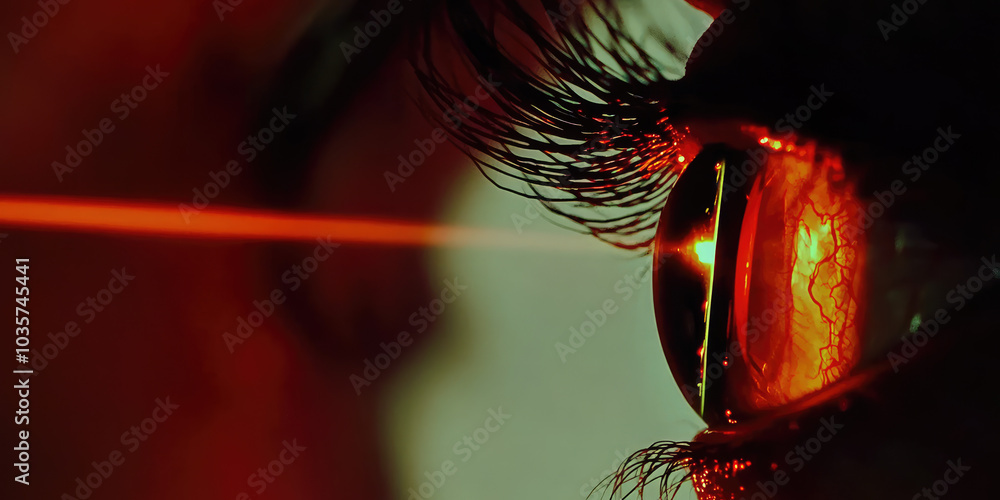 Human eye with a laser beam directed onto it, retinal authorization and ...