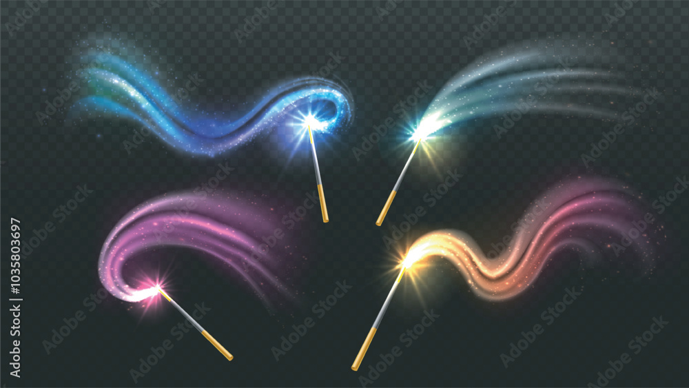 Realistic magic wands set. Witchcraft and sorcery, magic. Sticks with ...