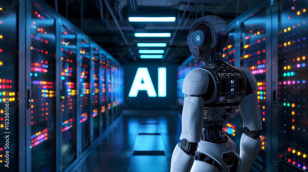 3D render of a robot among server cabinets, illuminated by neon "AI ...