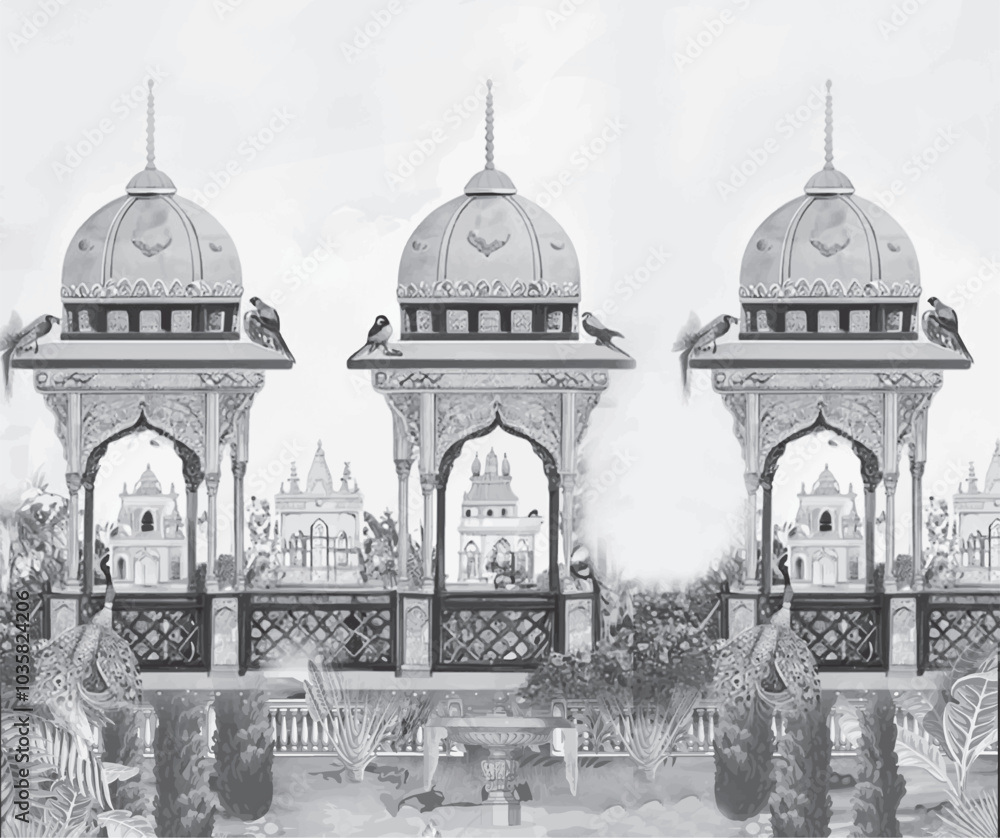 Adobe IlAncient Mughal garden, arch, lake, peacock, bird vector ...