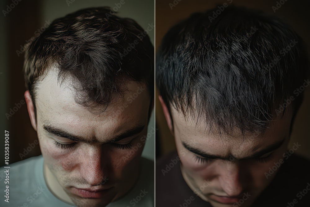 Side-by-side comparison of a man's scalp before and after hair loss ...