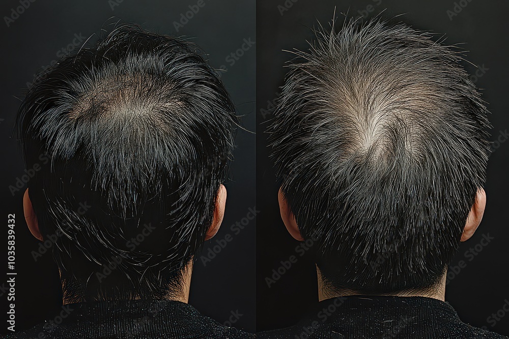 Two overhead images: on the left, the top of the head shows a thinning ...