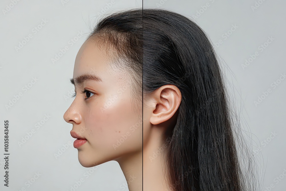 Frontal comparison of hairline regrowth: on the left, the hairline is ...