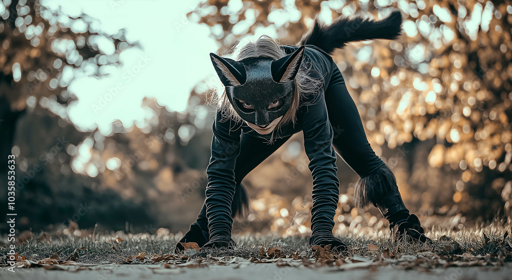 Quadrober in the park - a girl wearing a cat mask and ears, animal ...