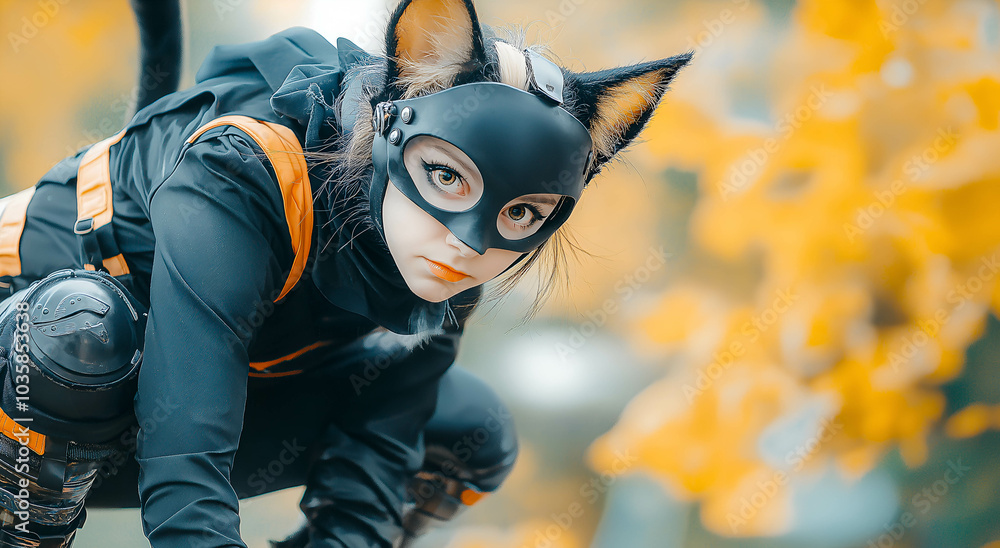 Quadrober in the park - a girl wearing a cat mask and ears, animal ...