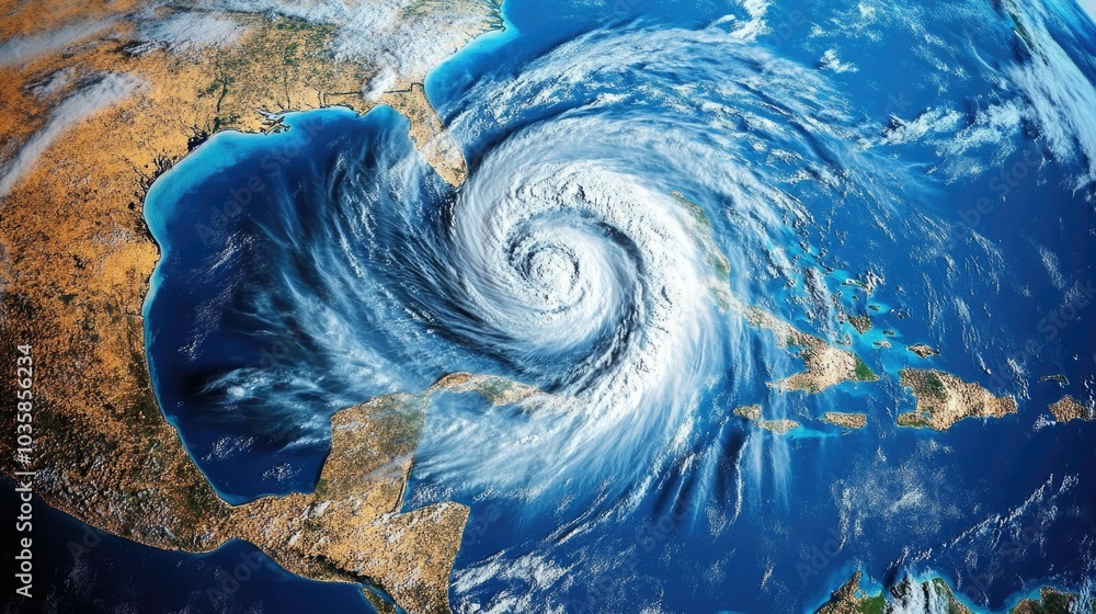 Aerial view of massive hurricane forming over atlantic ocean near ...