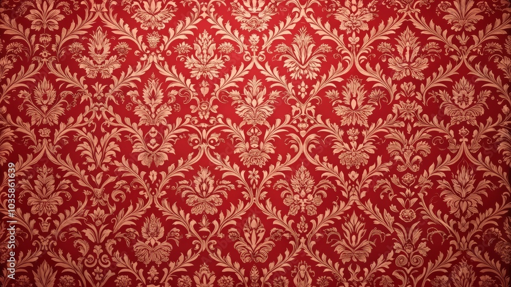 Red and gold damask pattern creating an ornate floral design for ...
