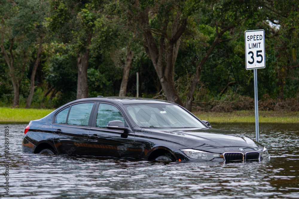 Car, vehicles flooded, flooding, flood. Cars damage. Florida hurricane ...