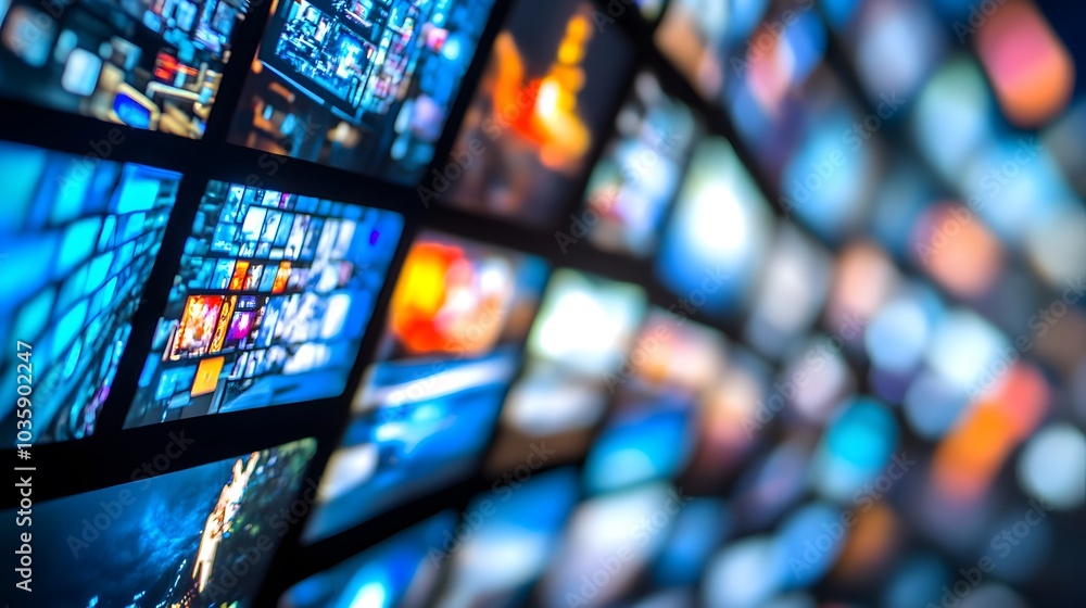 Lots of TV screens in a dark room. Television addiction. Manipulation ...