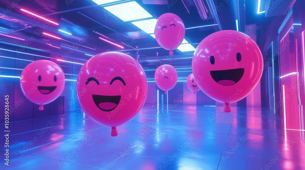 Balloons with goofy emoji faces, floating in a futuristic room with ...