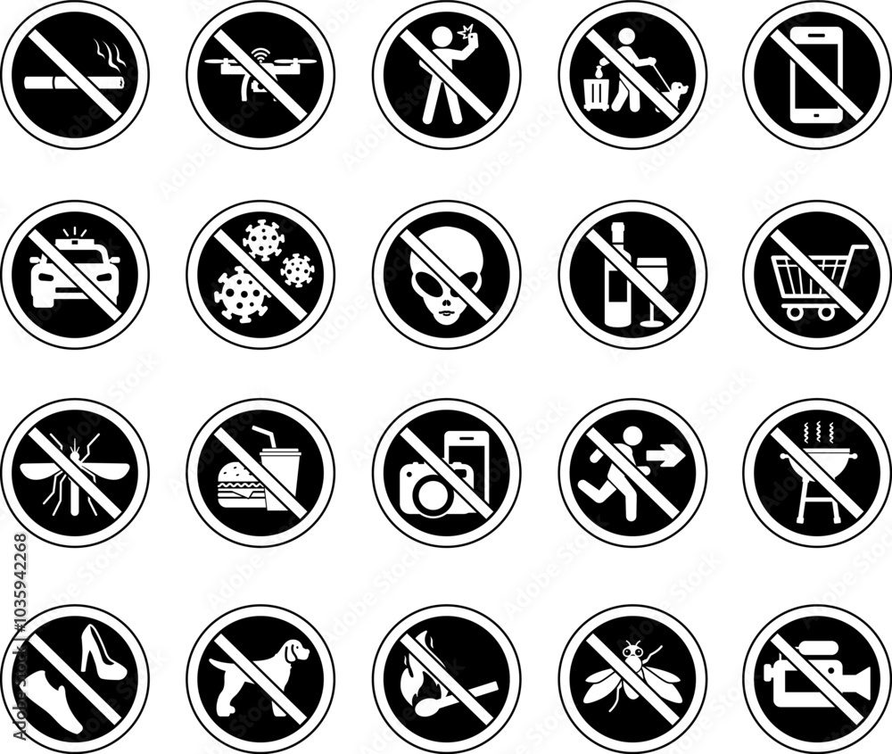 Black Prohibitory Public Signs. Vector Icons. Sticker Set. No Selfies ...