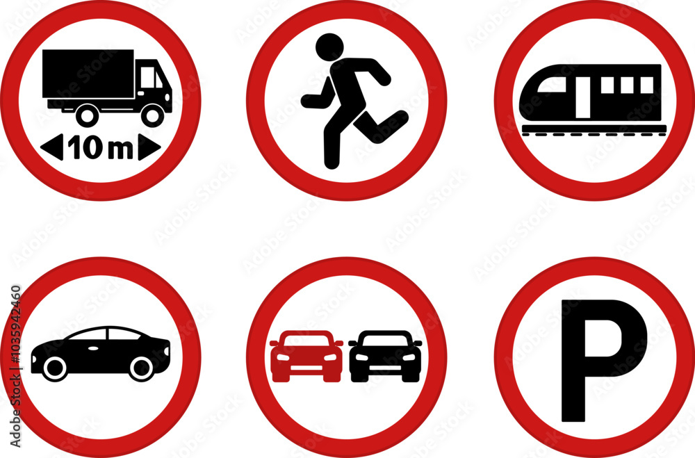 Red Prohibitory Road Signs. Vector Icons. Length Limit and Railway ...