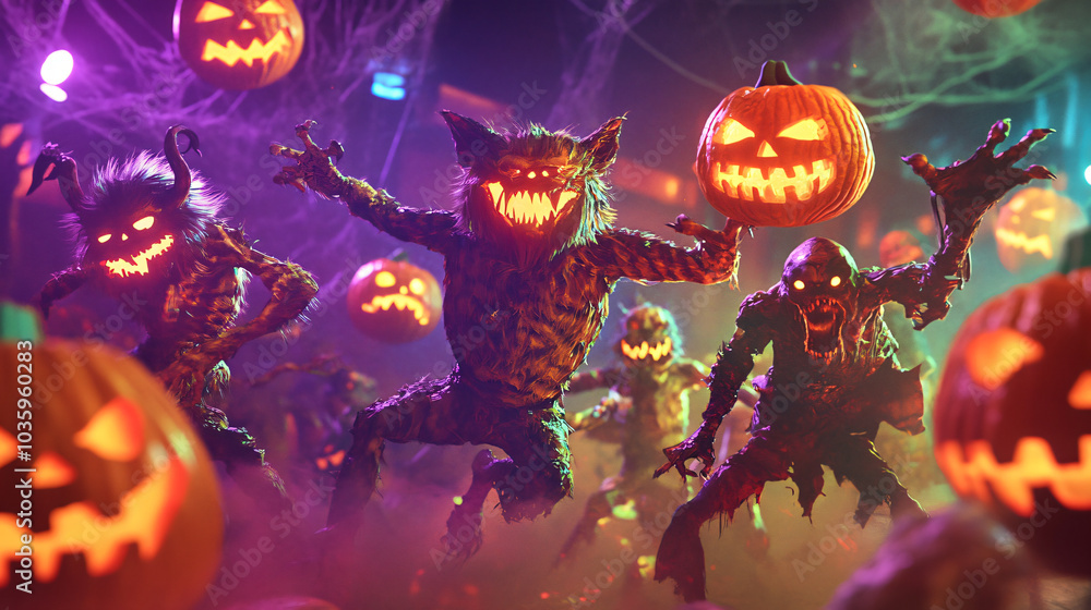 "Monster Mash Dance Party": fun and colorful scene of classic Halloween ...