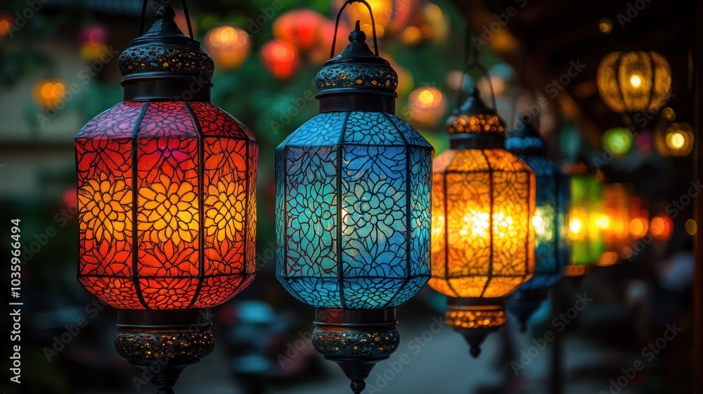 Colorful lanterns lighting up the streets during Loy Krathong festival ...