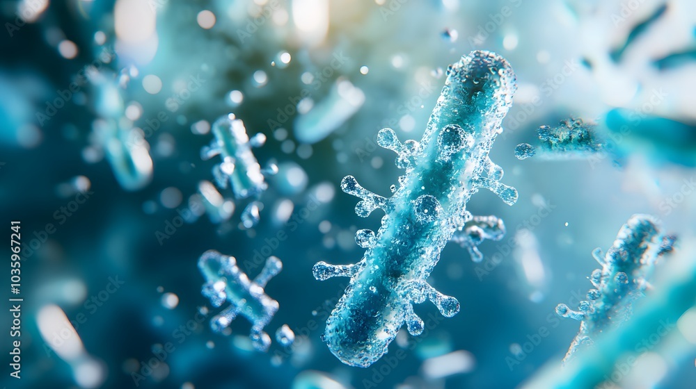 Microscope view of disease bacteria and treatment elements, with a ...