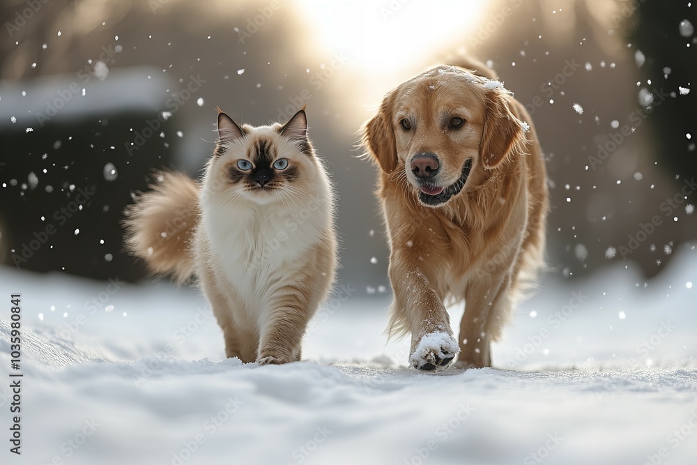 Cat and dog walking together on a snowy winter landscape with bright ...