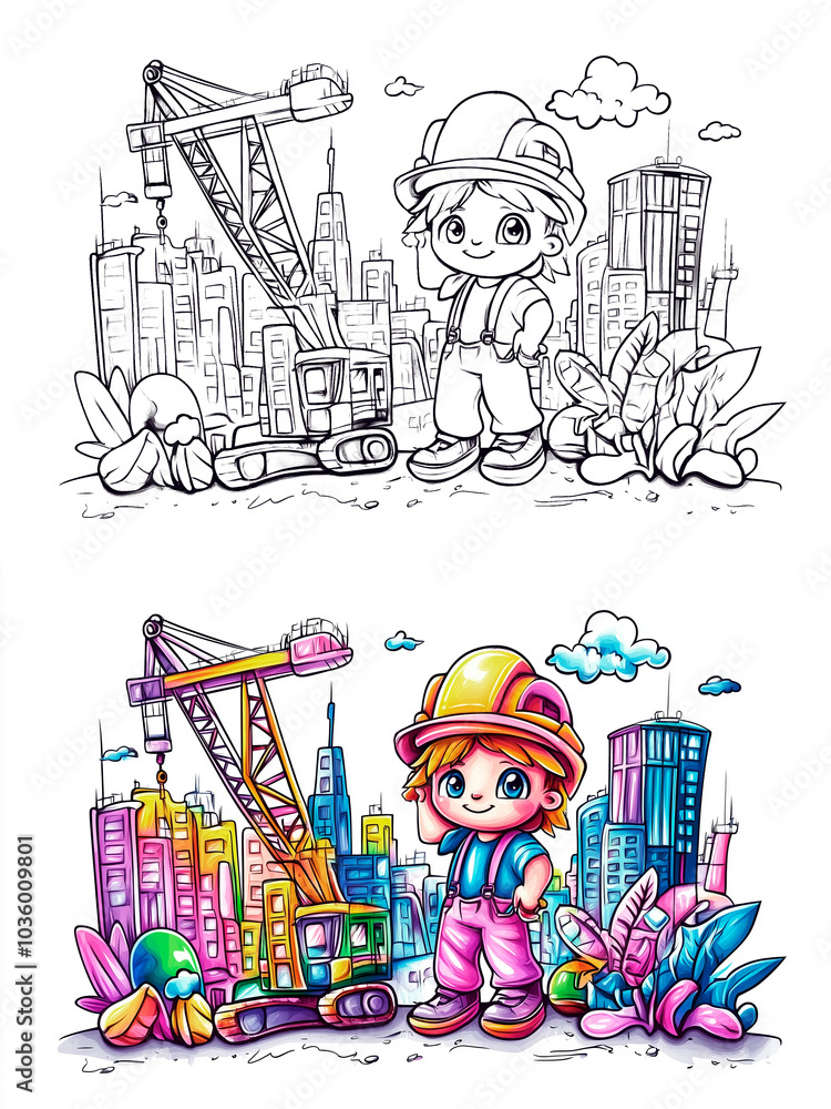 Cute boy builder works at a construction site and operates a crane ...