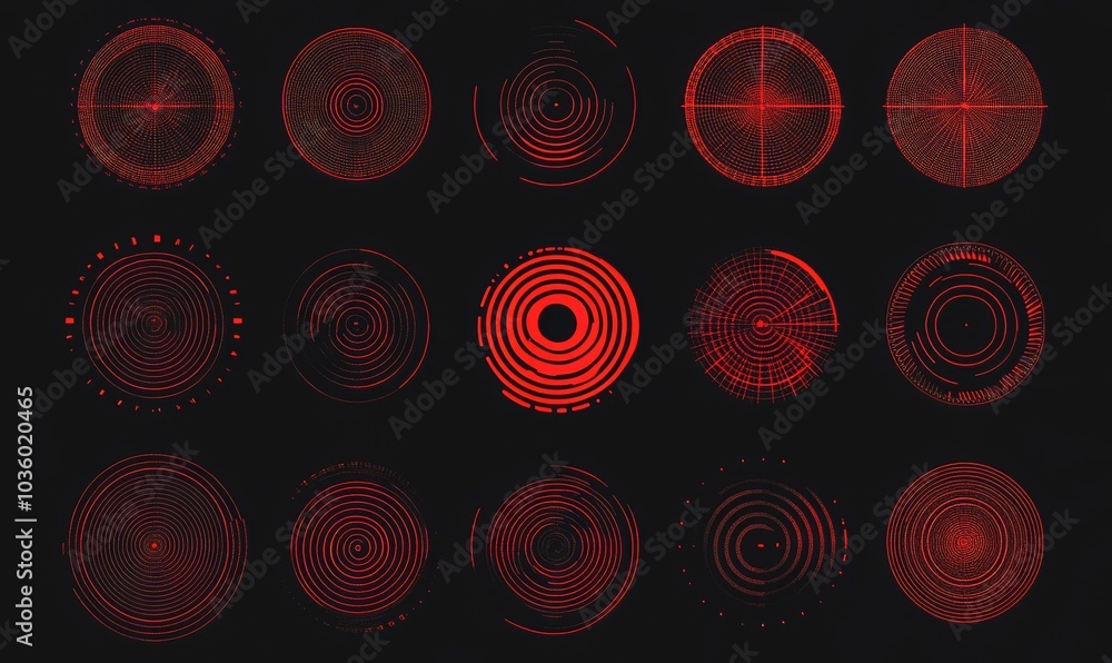 Red concentric circle set. Radial sonar or sound wave ring collection ...