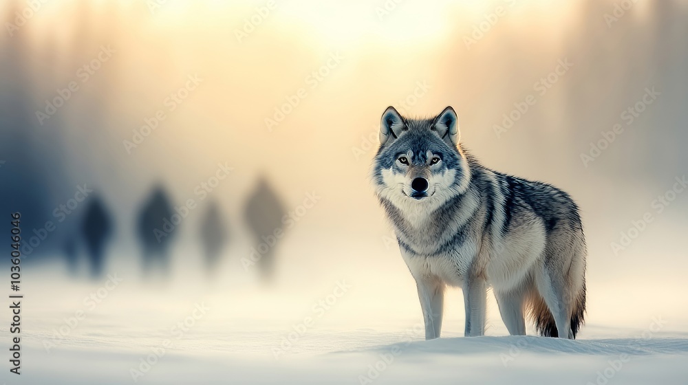 Majestic Gray Wolf Standing Proudly in a Snowy Landscape, Surrounded by ...