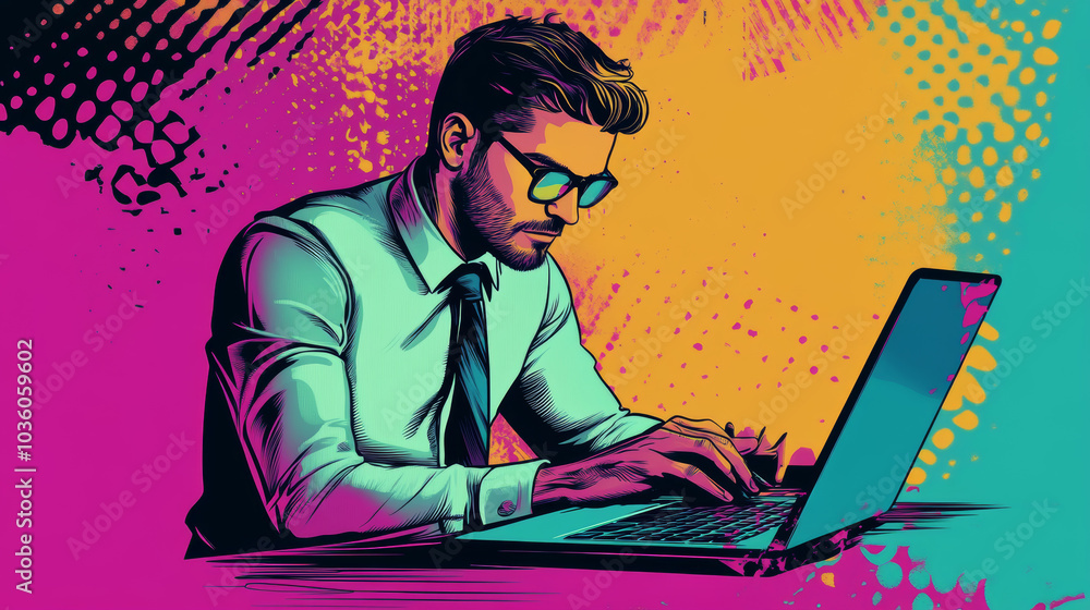 A businessman is shown working on his laptop in a retro, pop art style ...
