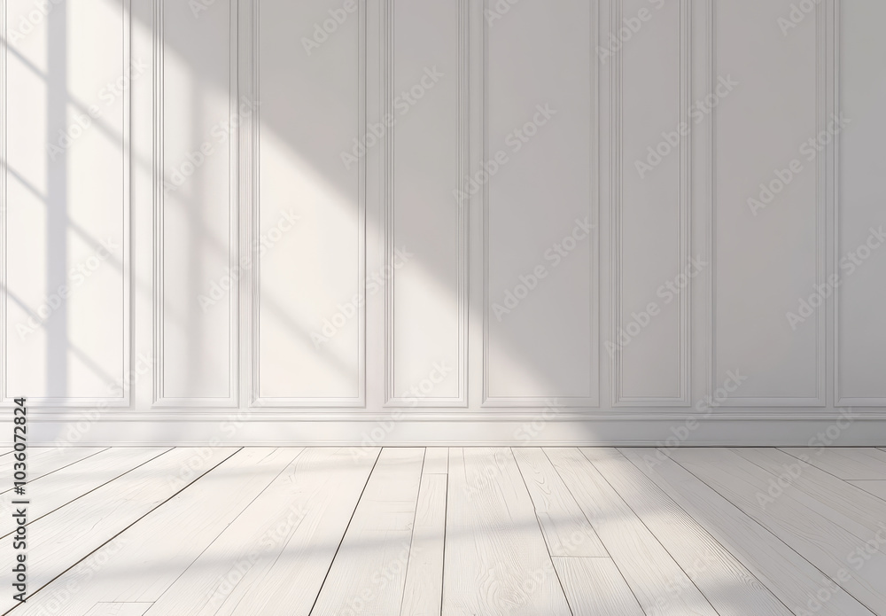 Minimalist white wall with paneling and light shadows creates serene ...