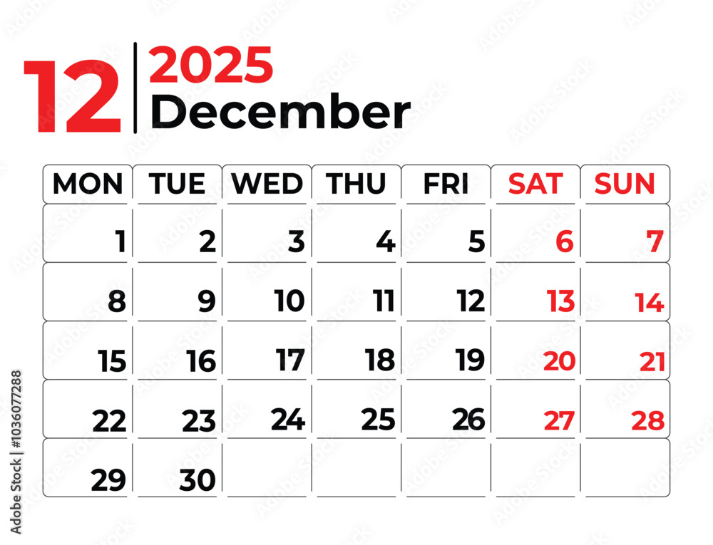 december 2025 Monthly Calendar design with clean look and week starts ...