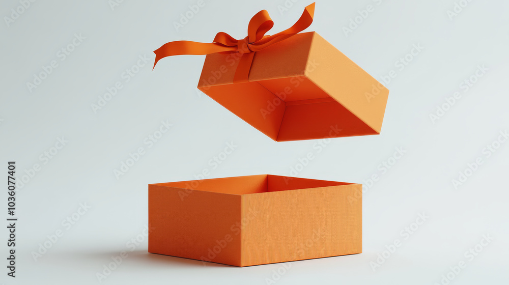 open orange gift box with ribbon floats above its base, creating sense ...