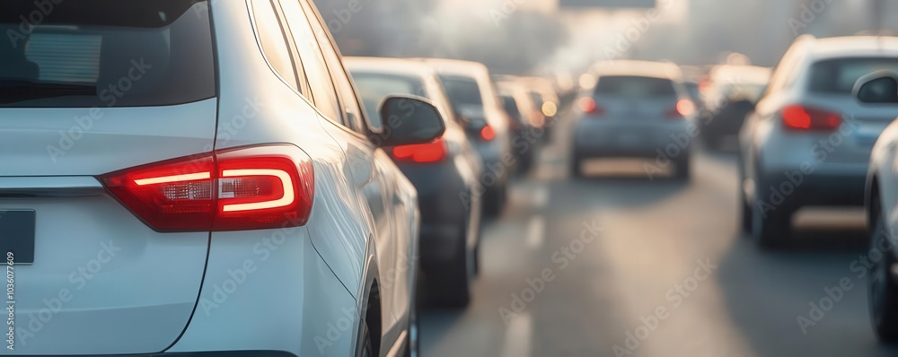 Car emitting exhaust in a traffic jam under a smog-filled sky ...