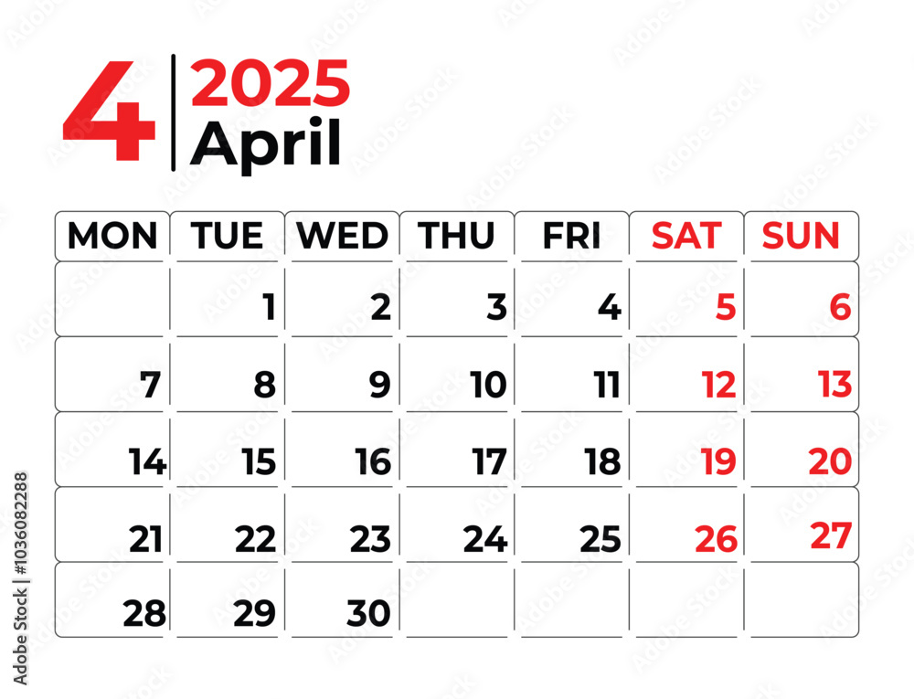 April 2025 Monthly Calendar design with clean look and week starts from ...