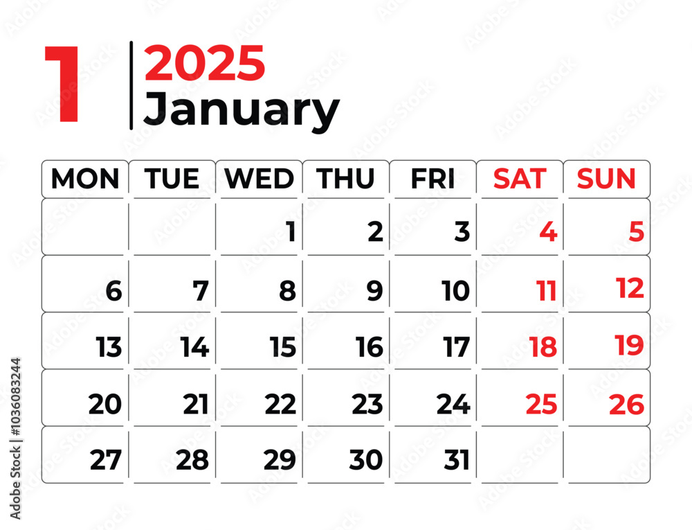 January 2025 Monthly Calendar design with clean look and week starts ...