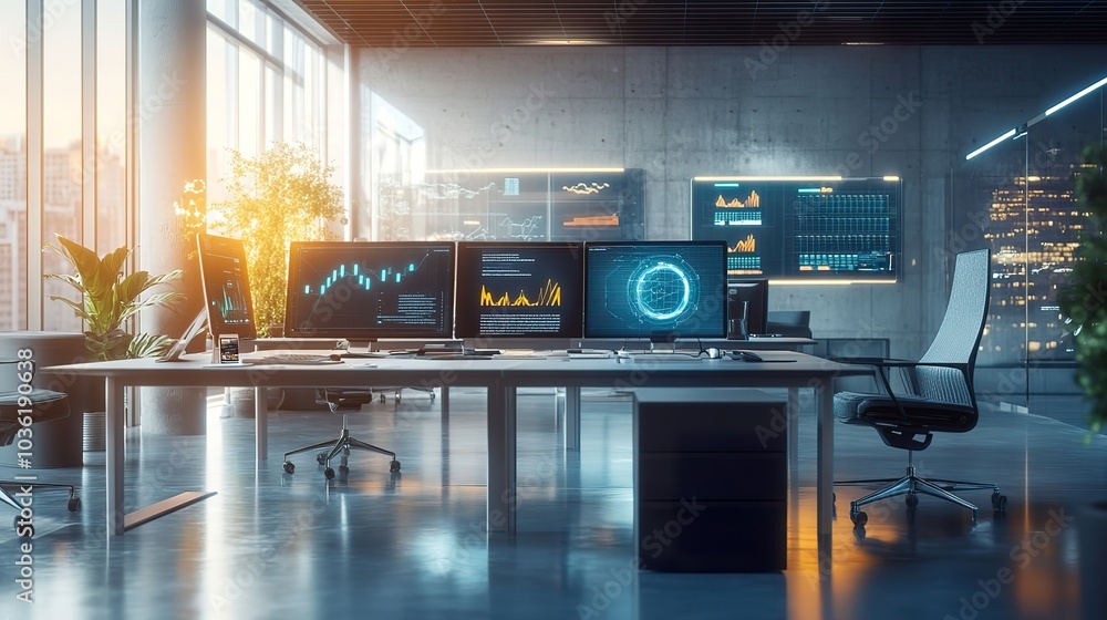 A futuristic workspace featuring augmented reality displays showcasing ...