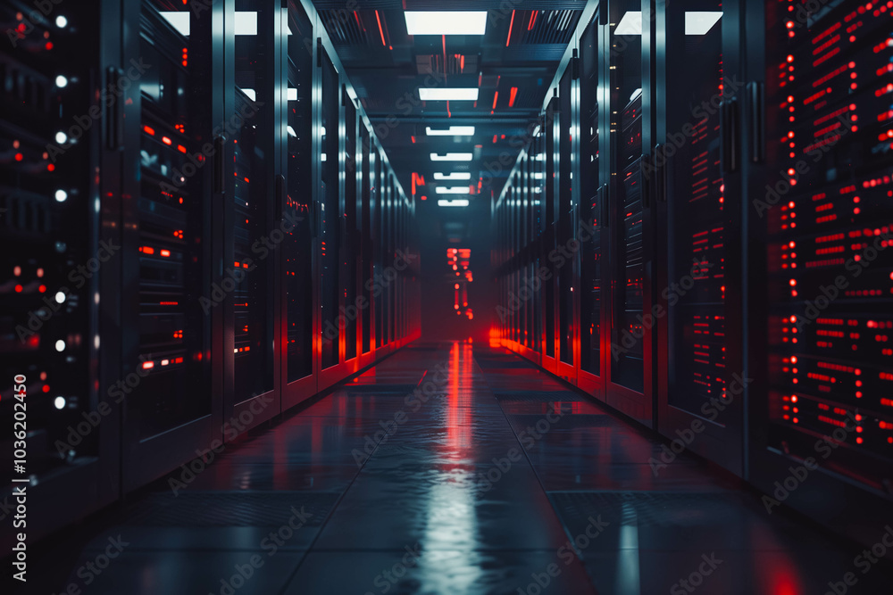 Modern Data Technology Center Server Racks in Dark Room with VFX ...