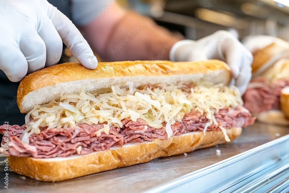 A Classic Reuben Sandwich With Corned Beef and Sauerkraut, Served in a ...