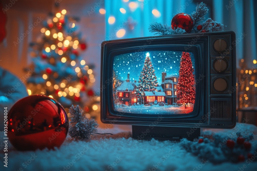 Retro TV playing Christmas scene by a cozy fireplace with tree and ...