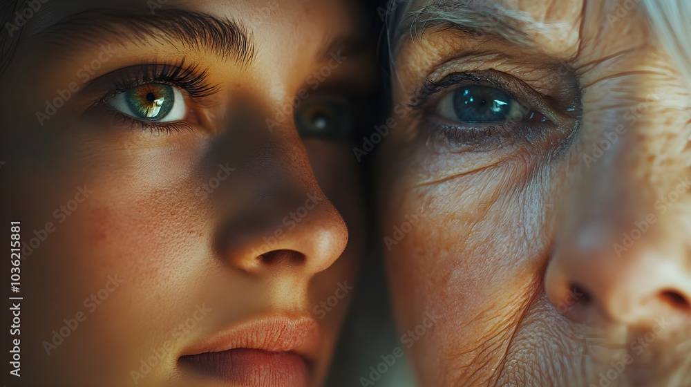Cellular aging visualized through skin changes, young woman's glowing ...
