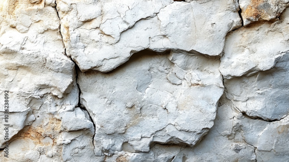 A close-up view of a cracked limestone wall reveals its unique textures ...