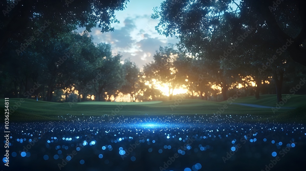 Futuristic golf course landscape with holographic wind and distance ...