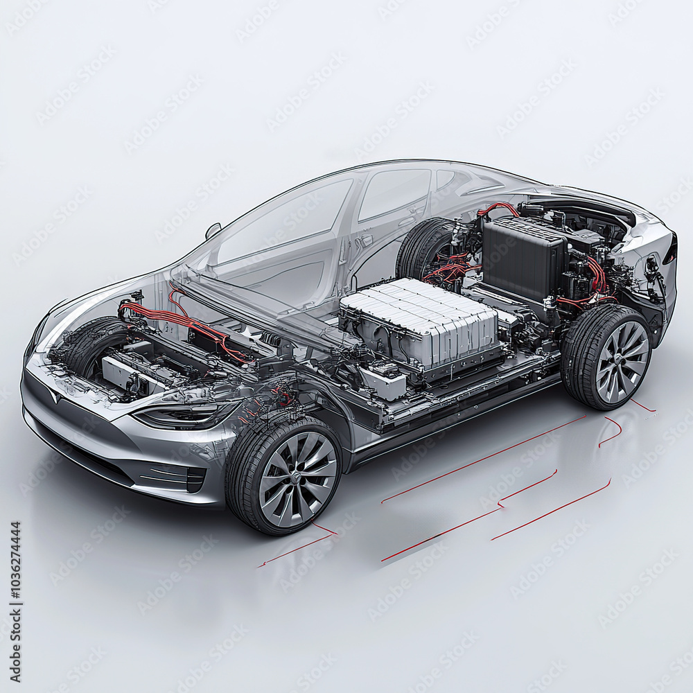 A detailed infographic showing the internal structure of car's electric vehicles, highlighting ...