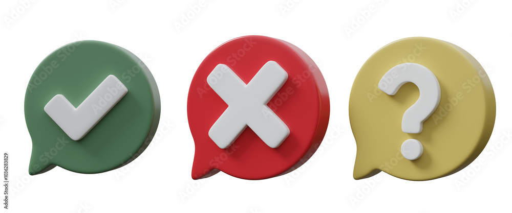 Ilustración de Stock 3D rendered illustration of circle message bubble set icons. Check mark for ...